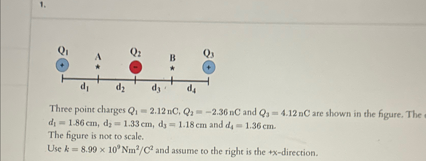 Solved Three point charges Q1=2.12nC,Q2=-2.36nC ﻿and | Chegg.com