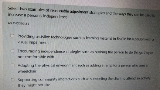 Solved Select two examples of reasonable adjustment | Chegg.com