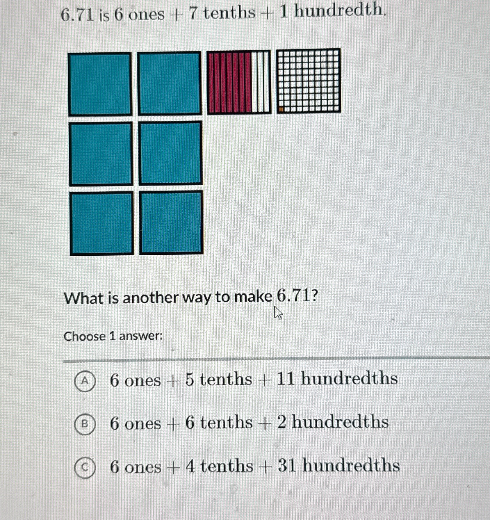 Solved 6.71 ﻿is 6 ﻿ones +7 ﻿tenths +1 ﻿hundredth.What is | Chegg.com