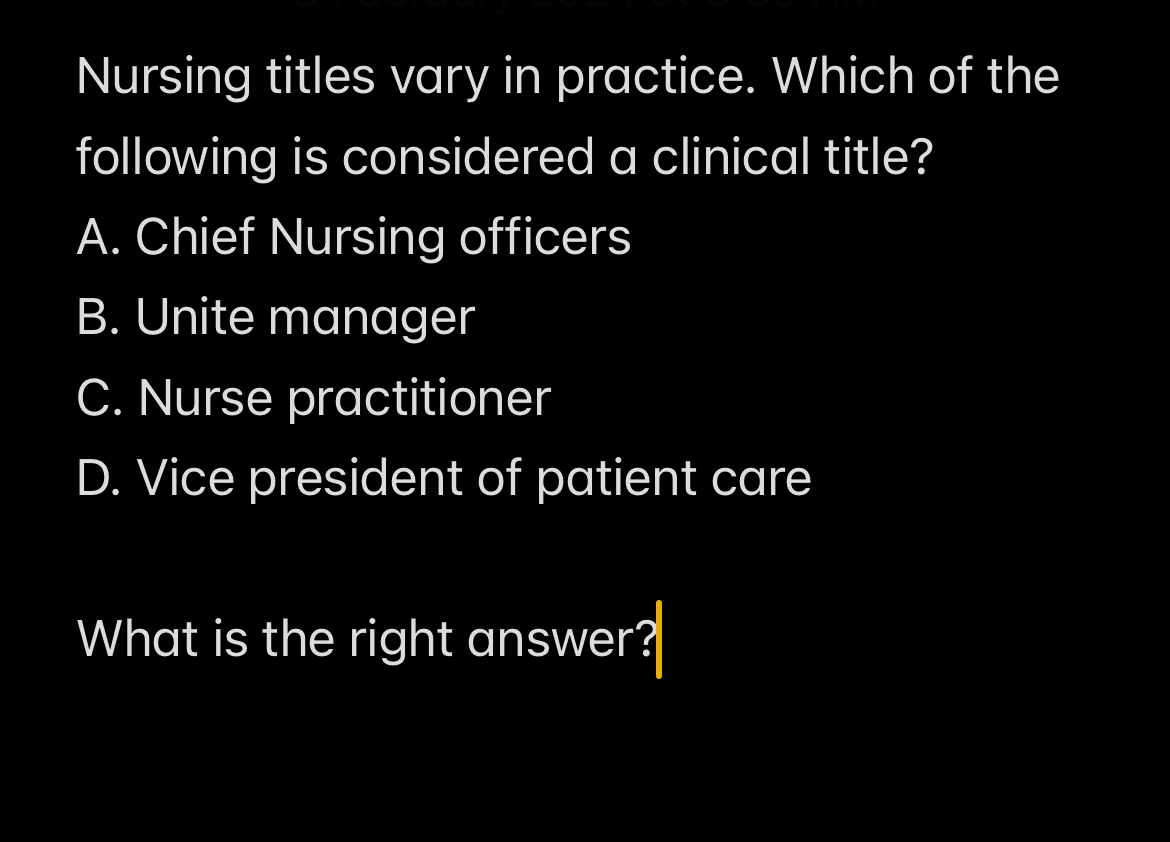 Solved • ﻿Nursing titles vary in practice. Which of the | Chegg.com