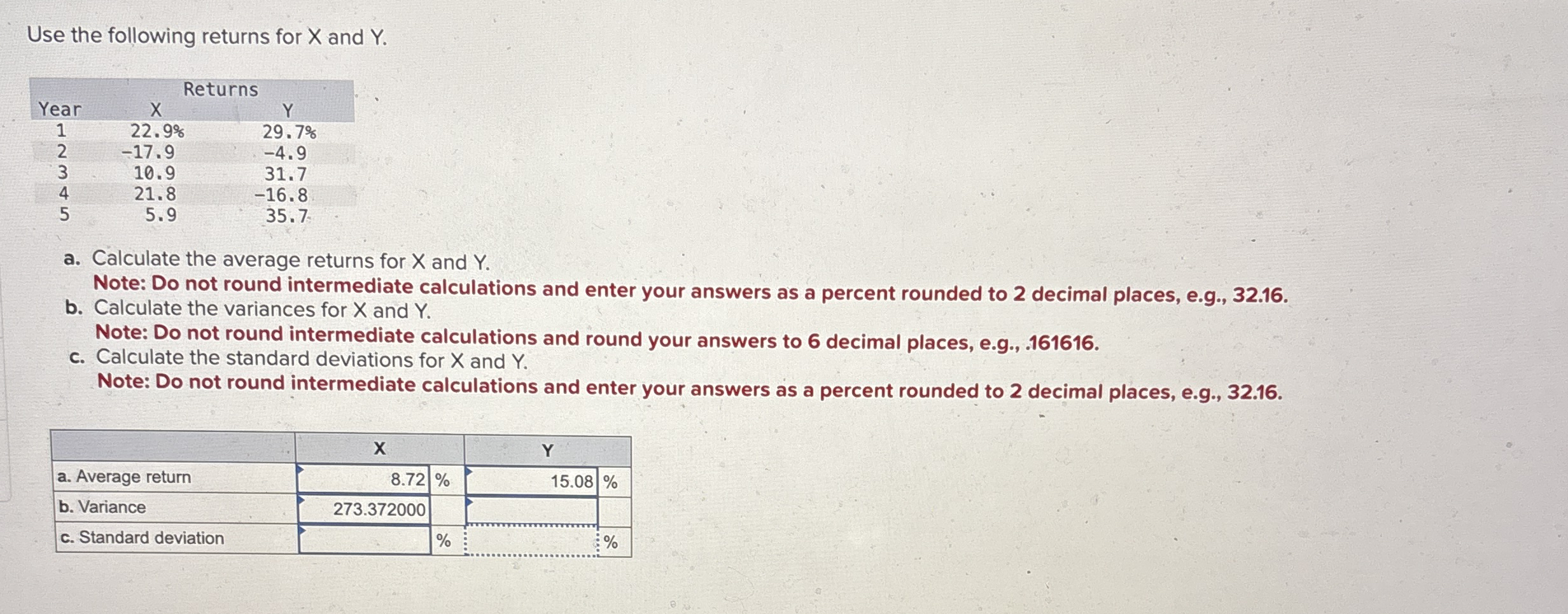 Solved Use the following returns for x ﻿and Y.a. ﻿Calculate | Chegg.com
