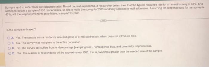 Solved Surveys tend to sufler from low response rates. Based | Chegg.com