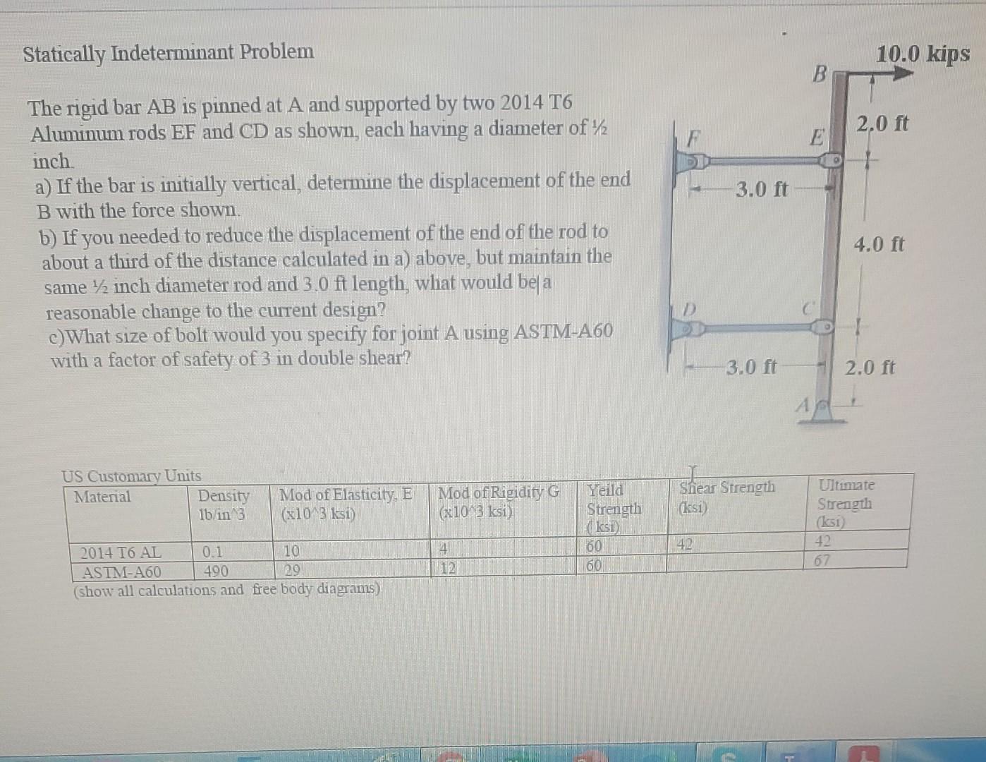 Solved Statically Indeterminant Problem 10.0 kips B 2.0 ft E | Chegg.com