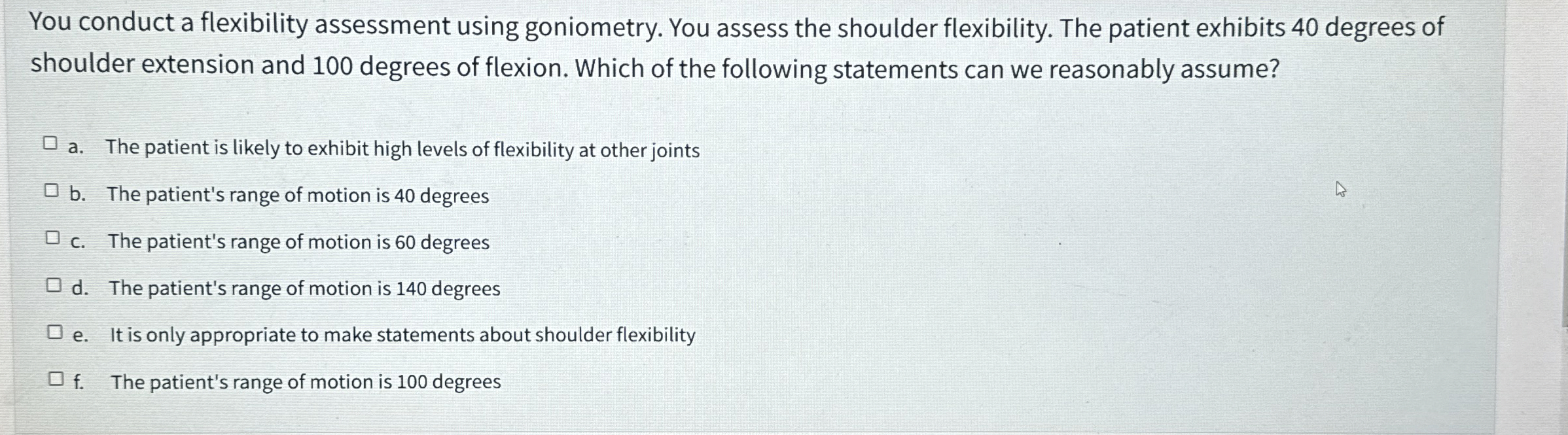 Solved You conduct a flexibility assessment using | Chegg.com