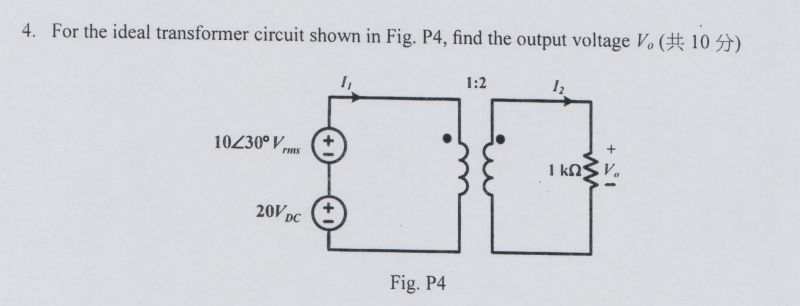 Solved For the ideal transformer circuit shown in Fig. P4, | Chegg.com