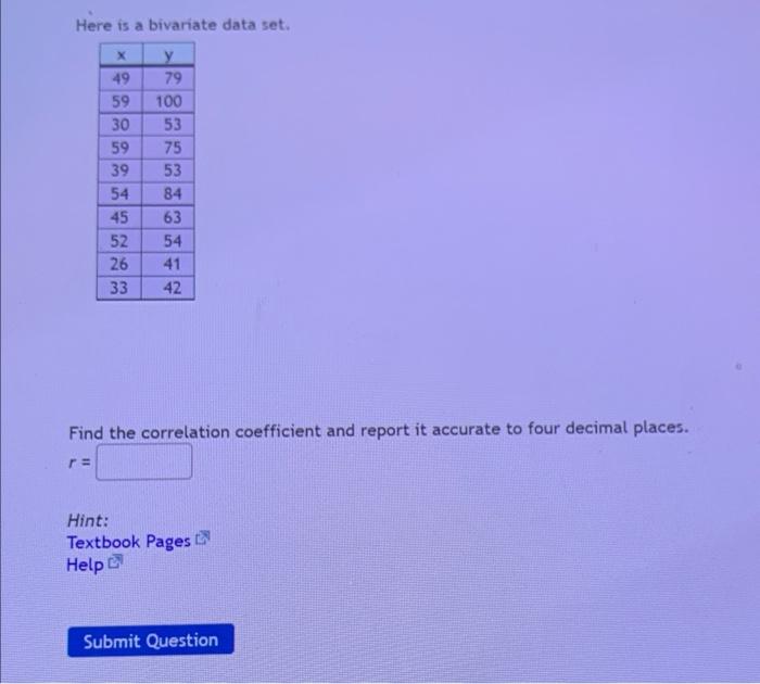 Solved Here is a bivariate data set. Find the correlation | Chegg.com