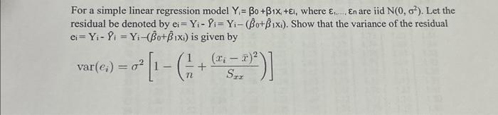 Solved For a simple linear regression model Y1=β0+β1X1+ε1, | Chegg.com