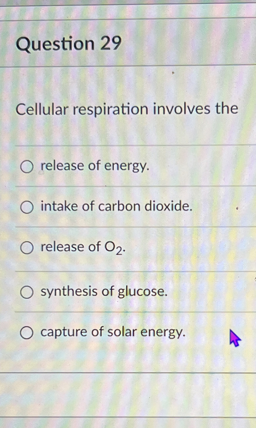 Solved Question 29Cellular respiration involves therelease | Chegg.com