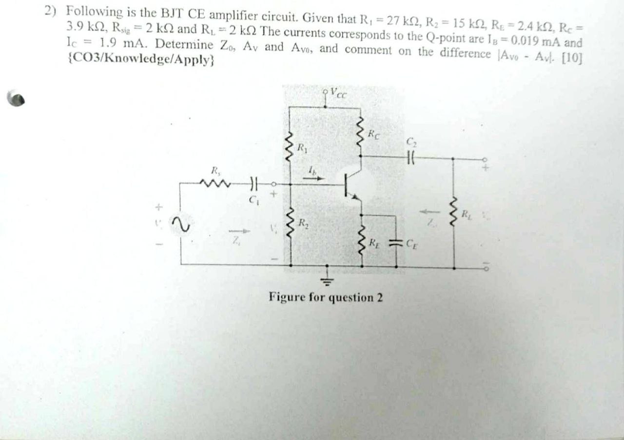 Solved Following is ﻿the BJT CE ﻿amplifier circuit. Given | Chegg.com