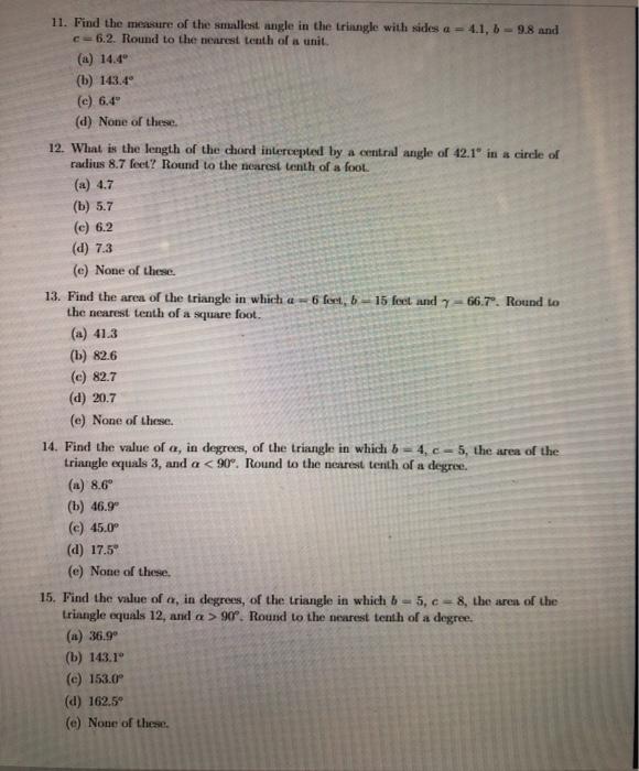 Solved 11. Find the measure of the smallest angle in the | Chegg.com