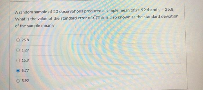 Solved A Random Sample Of 20 Observations Produced A Sample