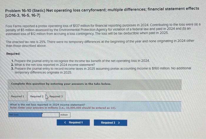 Solved Problem 16-10 (Static) Net operating loss | Chegg.com