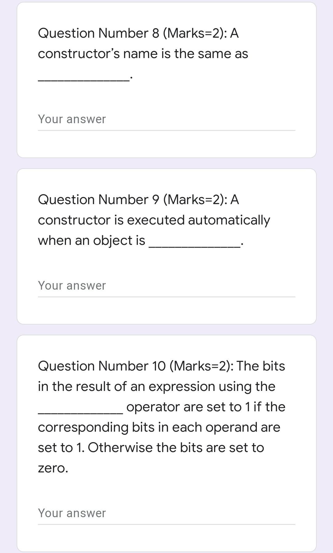 Solved Question Number 8 (Marks=2): A constructor's name is | Chegg.com