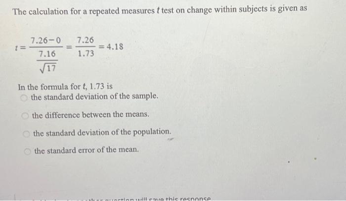 Solved The calculation for a repeated measures t test on | Chegg.com