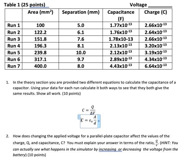 Solved Table 1 (25 points) Area (mm) Separation (mm) Run 1 | Chegg.com