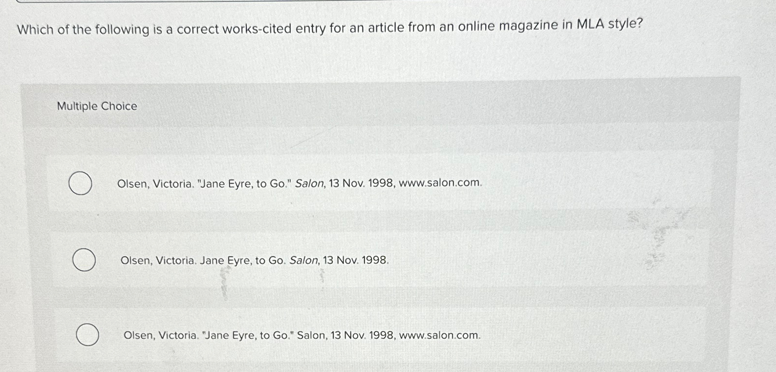Which of the following is a correct works-cited entry | Chegg.com