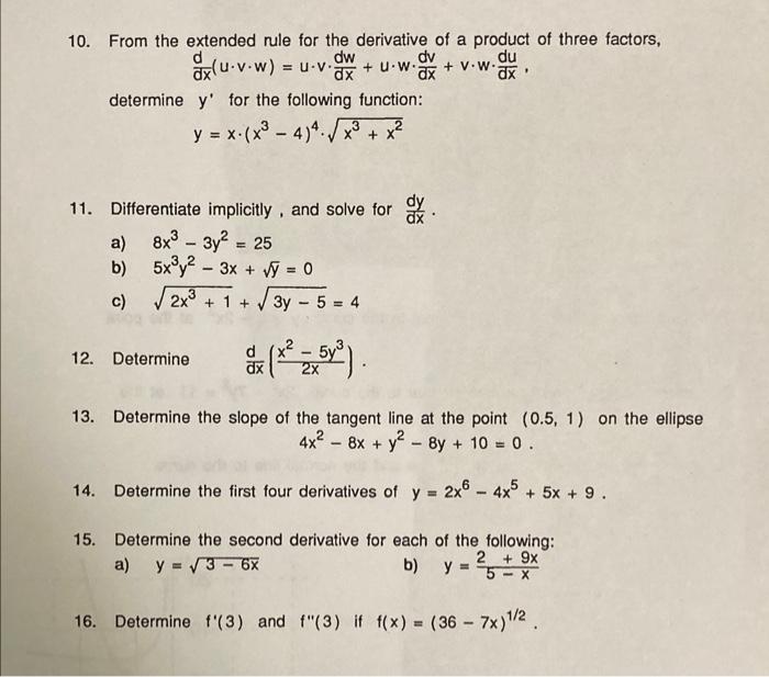 Solved + U.W 10. From the extended rule for the derivative | Chegg.com