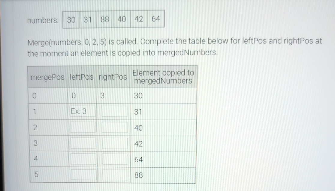 Solved numbers: [30,31,88,40,42,64]Merge(numbers, 0,2,5 ) | Chegg.com