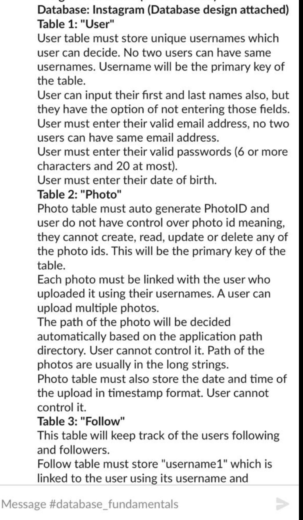 Solved Database: Instagram (Database design attached) Table | Chegg.com