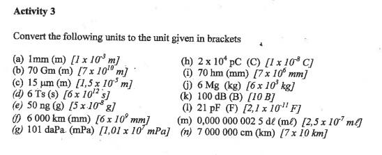 Solved Activity 3 Convert the following units to the unit | Chegg.com