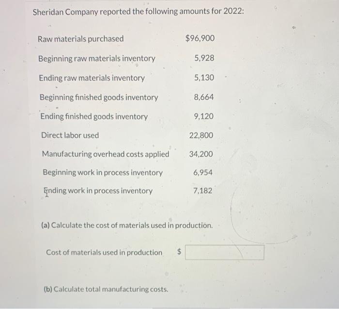 Solved Sheridan Company reported the following amounts for | Chegg.com