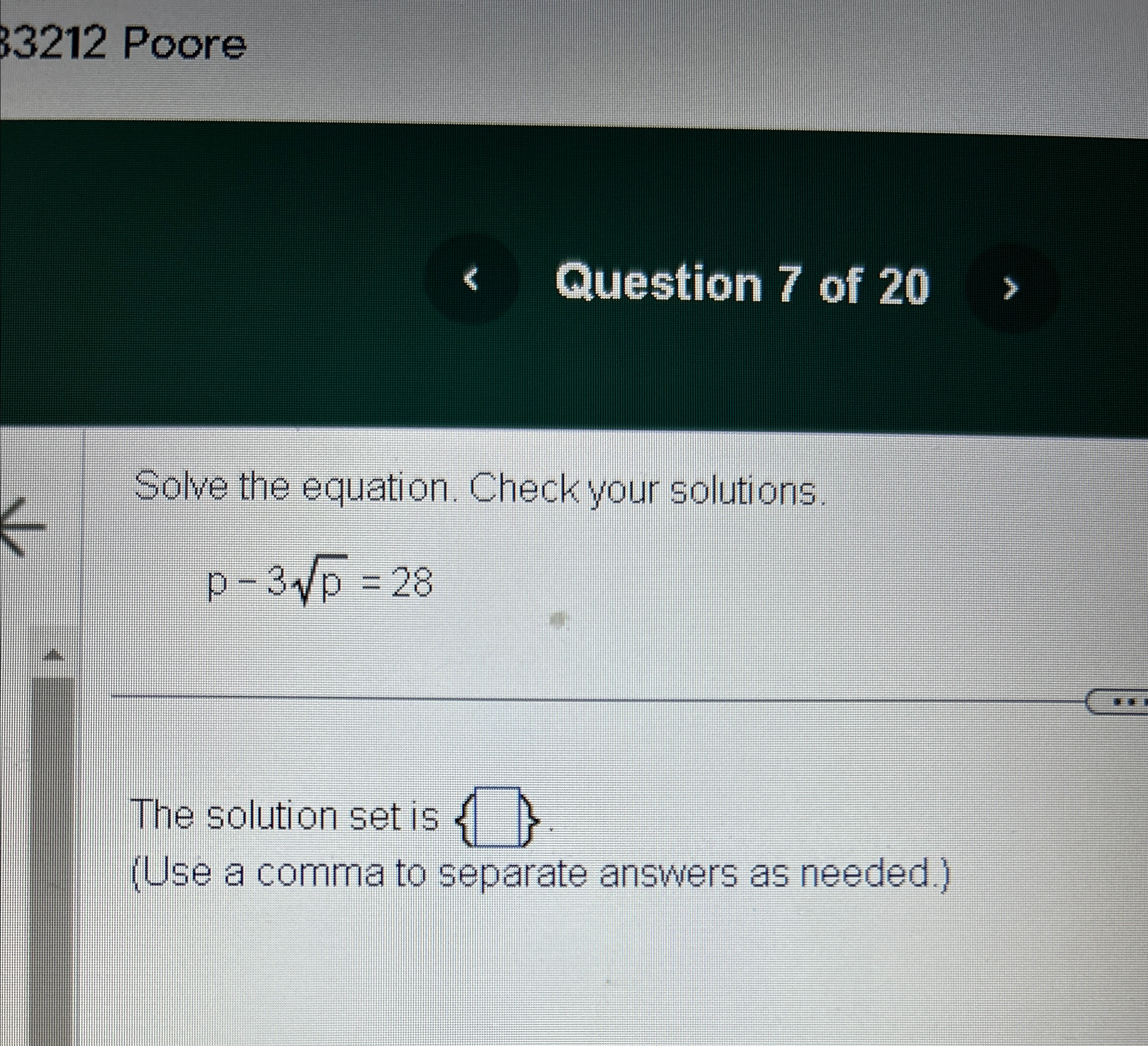 Solved 33212 ﻿PooreQuestion 7 ﻿of 20Solve the equation. | Chegg.com