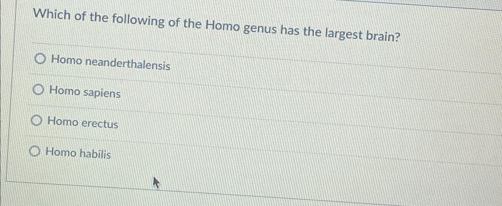 Solved Which of the following of the Homo genus has the | Chegg.com