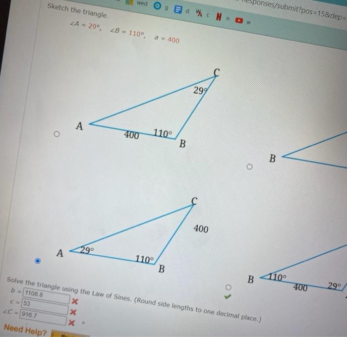 Solved ∠A=290,∠B=110∘,a=400 | Chegg.com