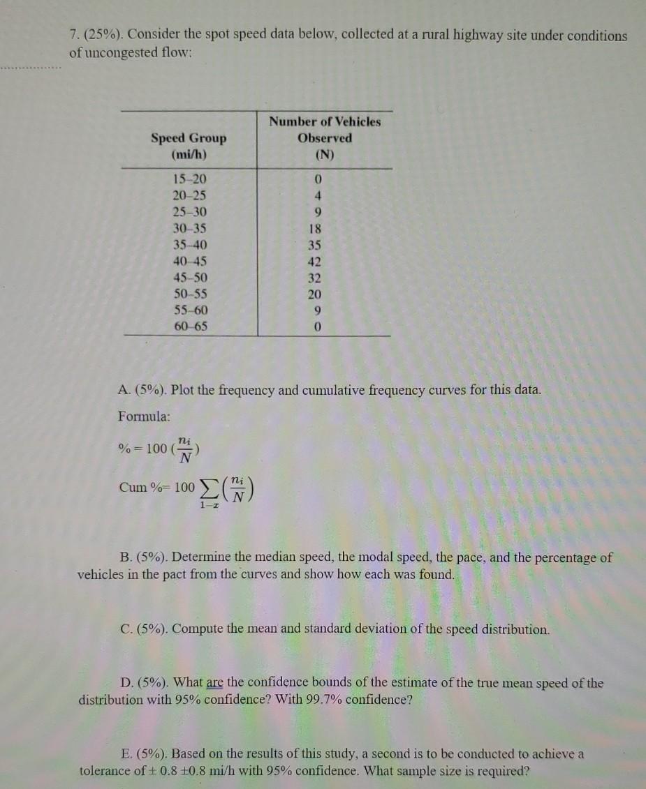 Solved 7. (25%). Consider the spot speed data below, | Chegg.com