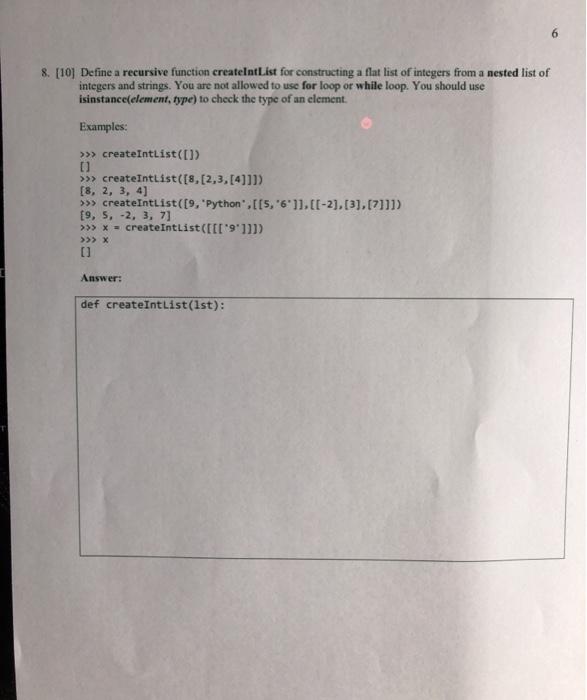 Solved 8. [10] Define a recursive function createlnt List | Chegg.com
