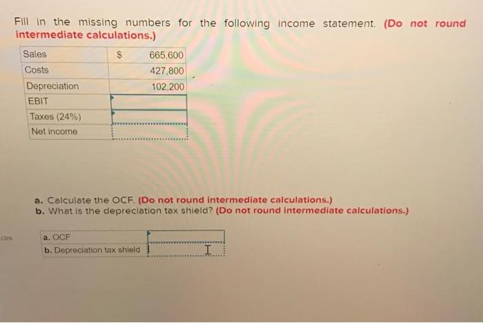 Solved Fill in the missing numbers for the following income | Chegg.com