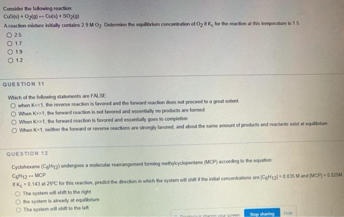 Solved Consider the following reaction CUS(s) + O2(g) --- | Chegg.com