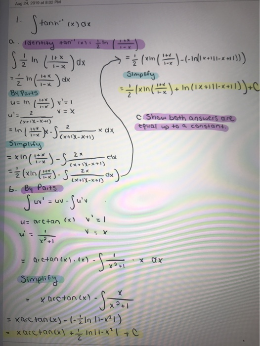 Solved 70 1. (10 points) Evaluate the integral tanh-(7) da | Chegg.com