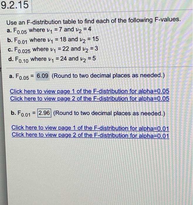 Solved 9.2.15 Use an F-distribution table to find each of | Chegg.com