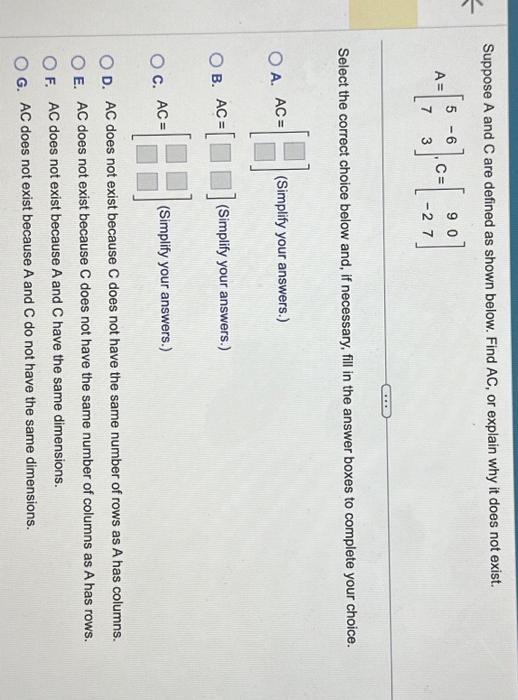 Solved Suppose A and C are defined as shown below. Find AC, | Chegg.com