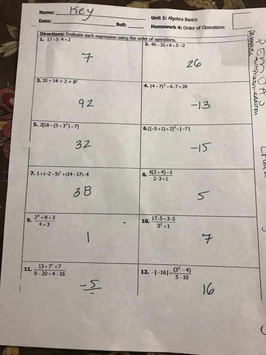 Solved Name Unit 1 Algebra Basics Date Bell Chegg