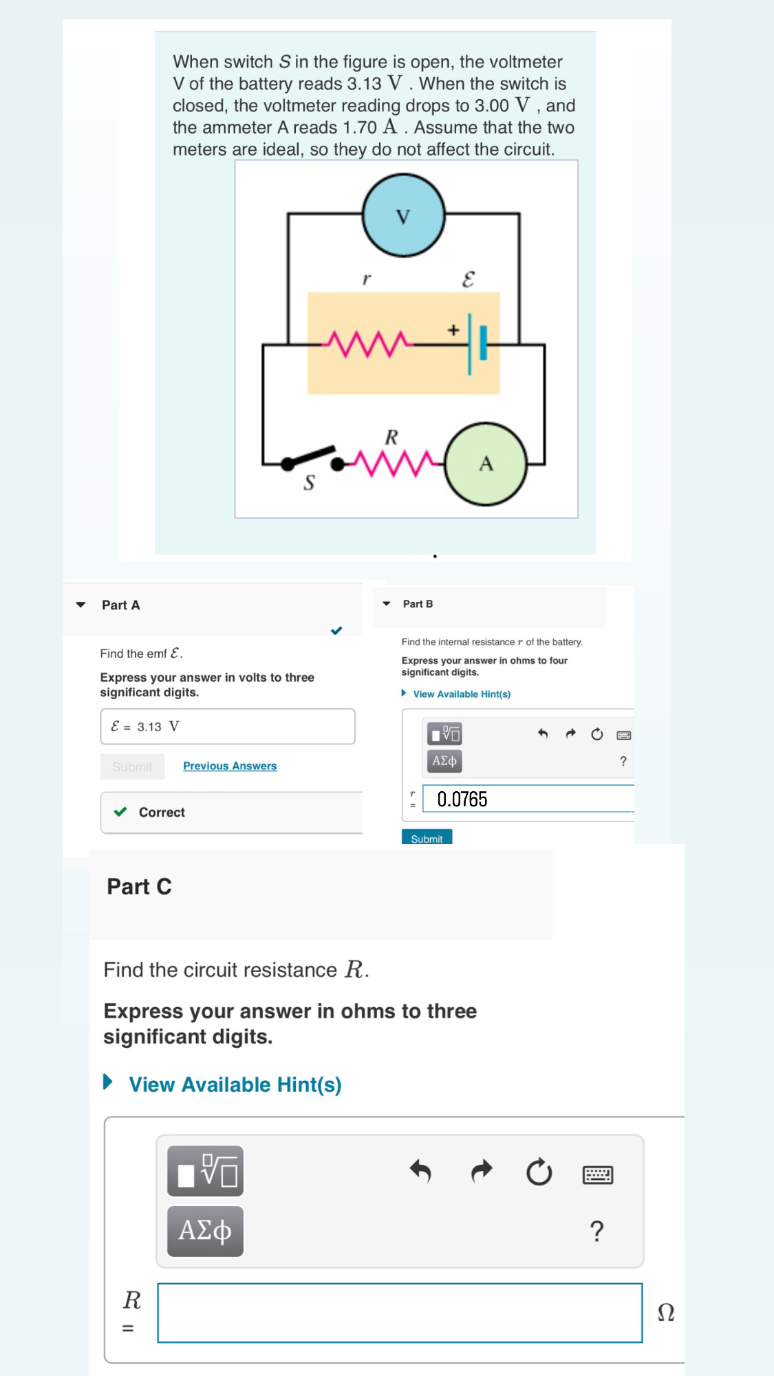 Solved When switch S ﻿in the figure is open, the voltmeter V | Chegg.com