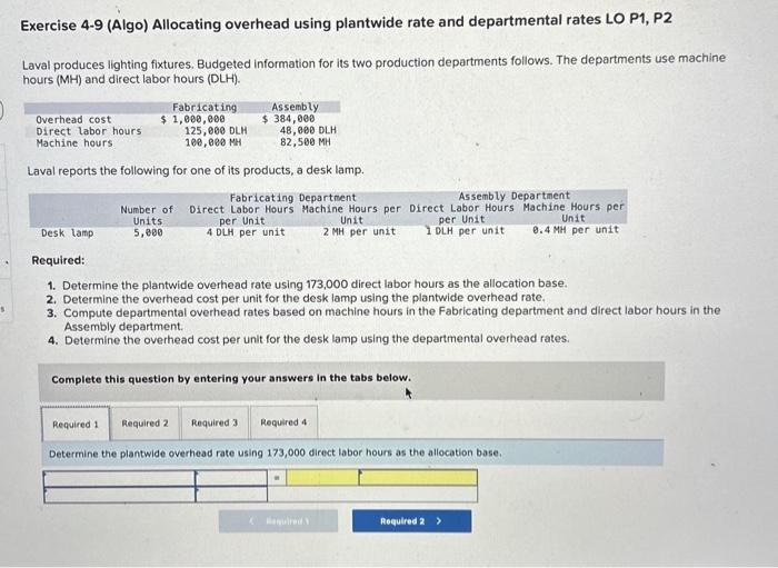Solved Exercise 4-9 (Algo) Allocating overhead using | Chegg.com
