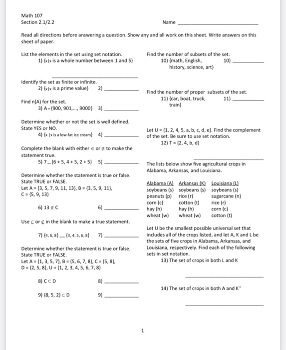 Solved Math 107 Section 2.1/2.2 Name Read all directions | Chegg.com