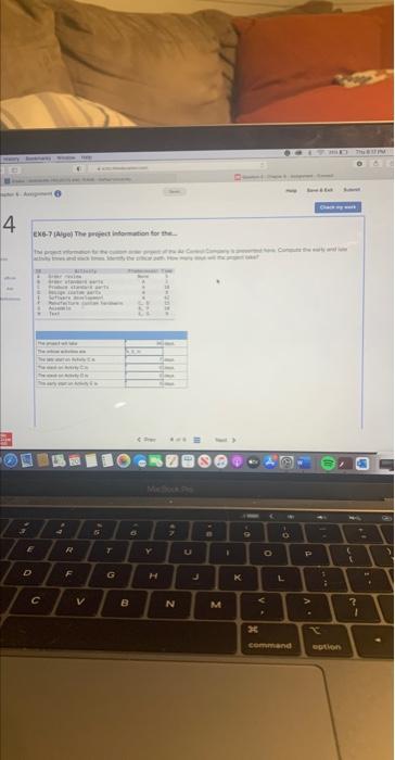 The project information for the custom order project | Chegg.com