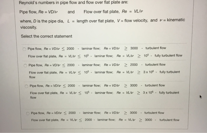Solved Reynold's numbers in pipe flow and flow over flat | Chegg.com