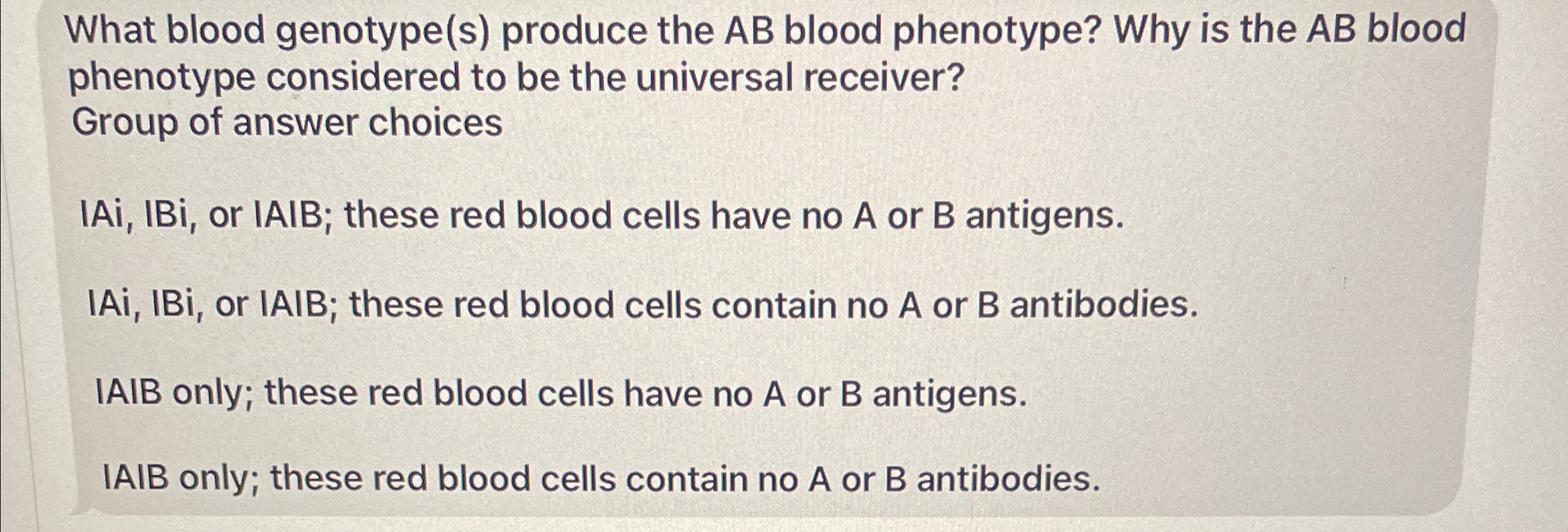 Solved What blood genotype(s) ﻿produce the AB ﻿blood | Chegg.com