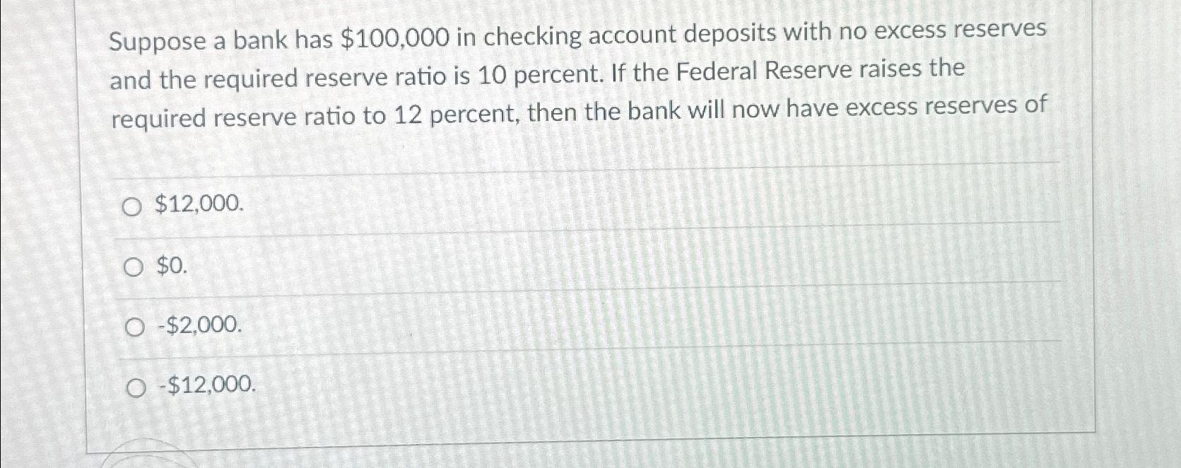 Solved Suppose a bank has $100,000 ﻿in checking account | Chegg.com