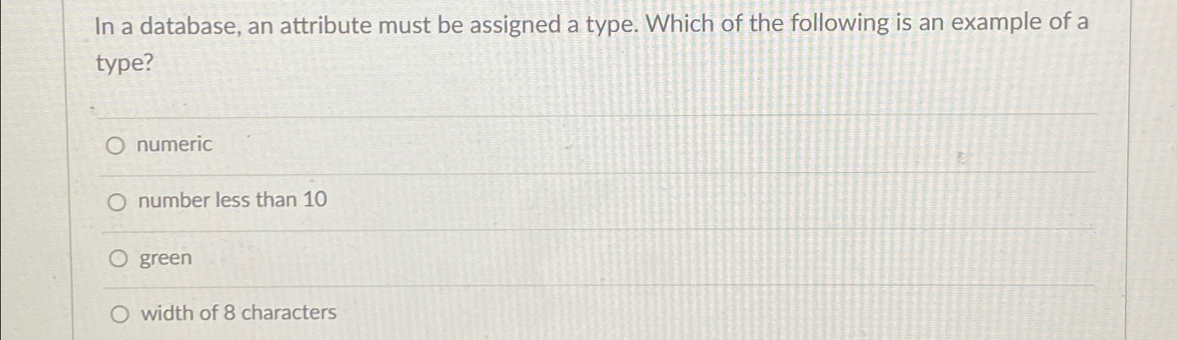 Solved In a database, an attribute must be assigned a type. | Chegg.com