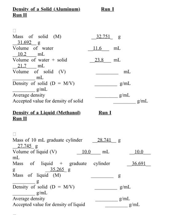 Solved Density of a Solid (Aluminum). Run I Run II Mass of | Chegg.com