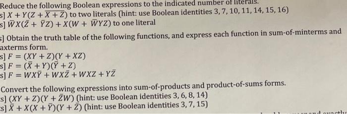 Solved Reduce the following Boolean expressions to the | Chegg.com