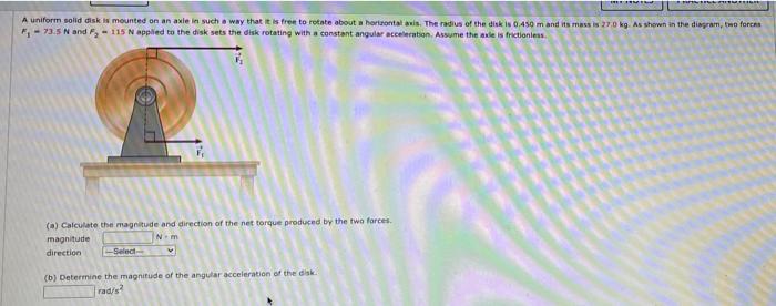 Solved A uniform solid disk mounted on an axle in such a way | Chegg.com