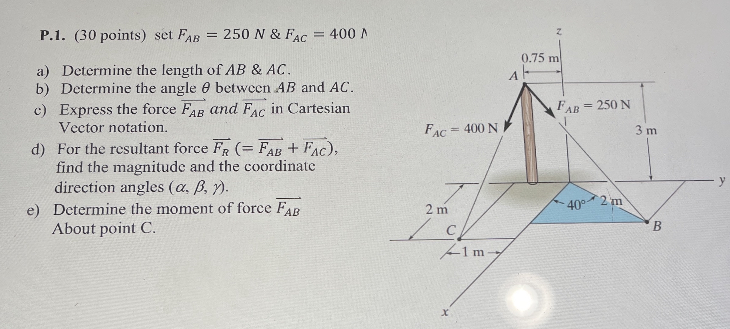 Solved P.1. (30 ﻿points) ﻿set FAB=250N&FAC=400Na) ﻿Determine | Chegg.com