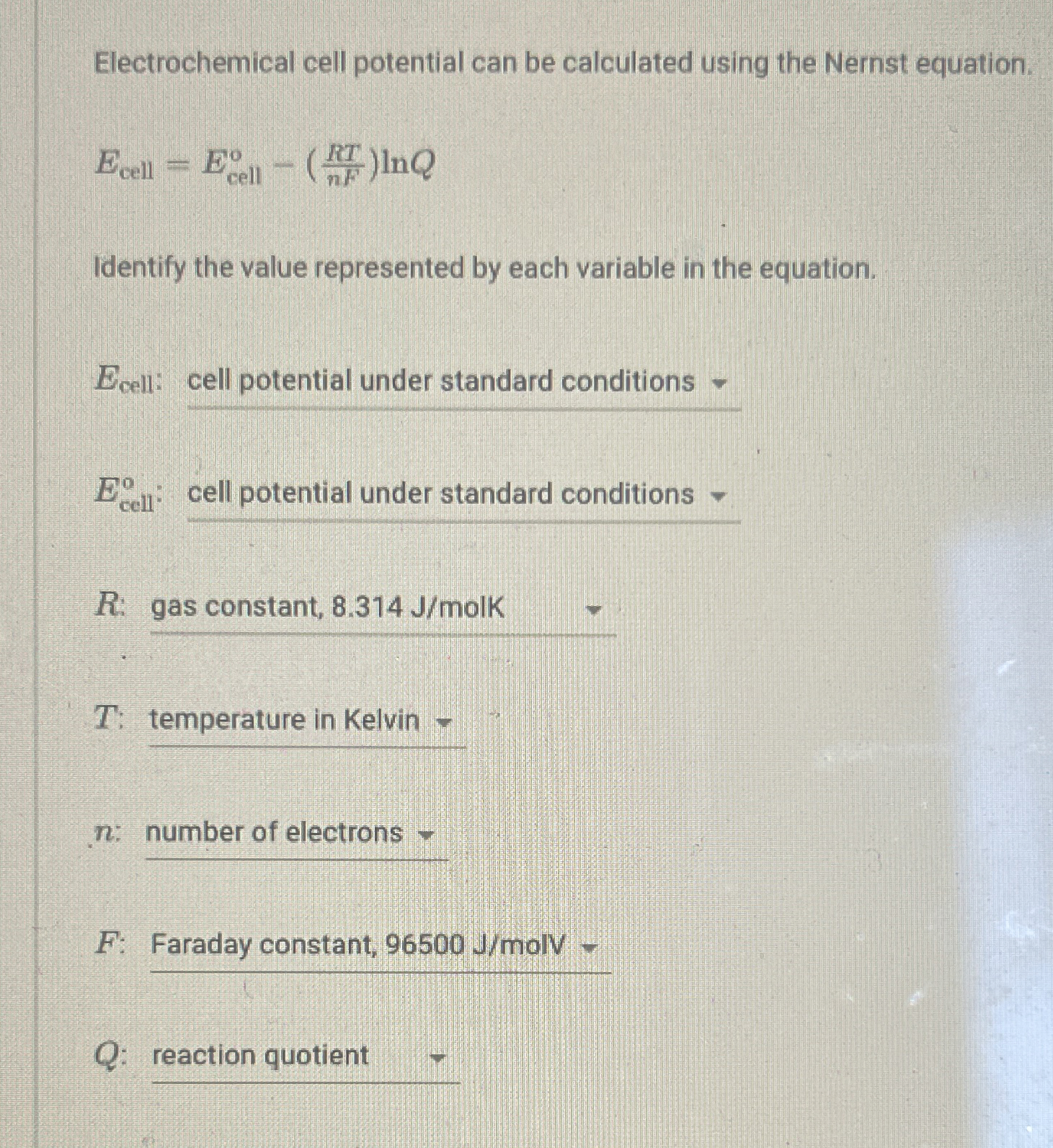 Solved Electrochemical cell potential can be calculated | Chegg.com