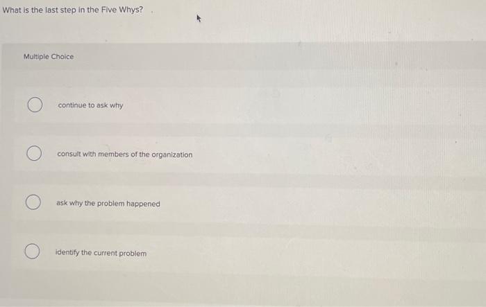 Solved What is the last step in the Five Whys? Multiple | Chegg.com